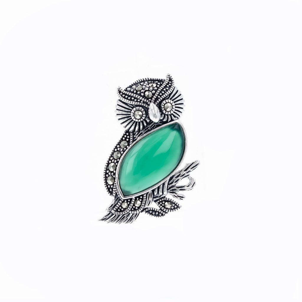 Broșă Argint 925 Bufniță – Green Agate - Magazinul de Martisoare